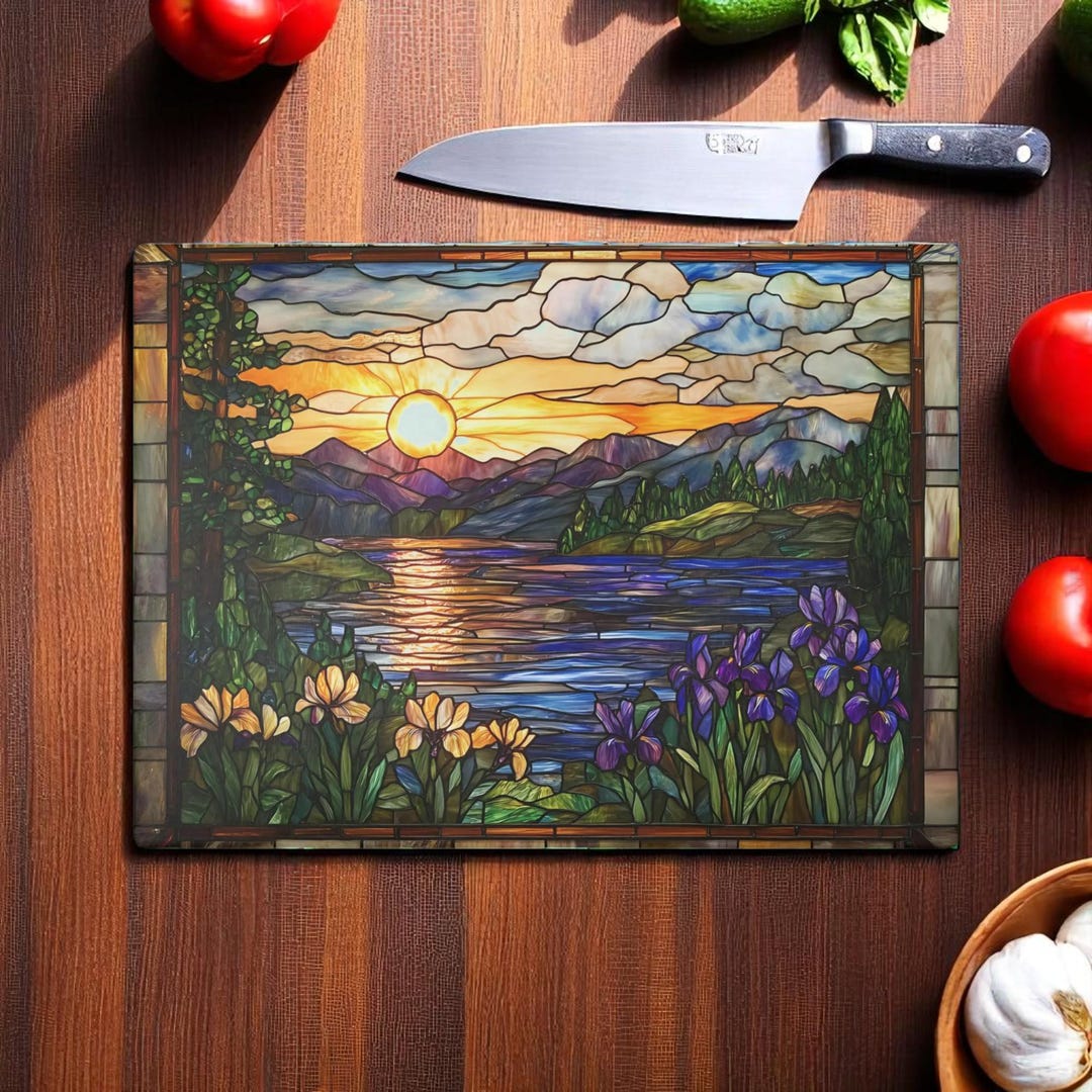 Rustic Landscape Glass Cutting Board, Mountain Sunset Kitchen Decor ...