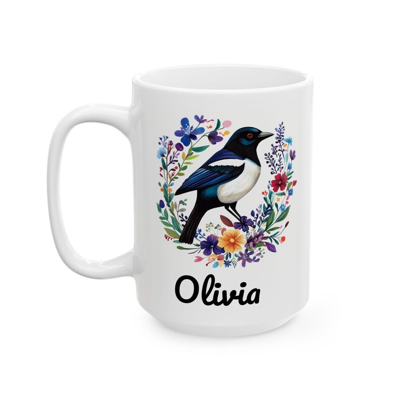 Personalized Magpie Mug, Custom Name Bird Ceramic Mug, Floral Bird ...