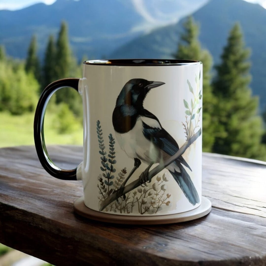Elegant Magpie Mug, Ceramic Magpie Coffee Mug 11oz, Watercolor Bird Mug ...