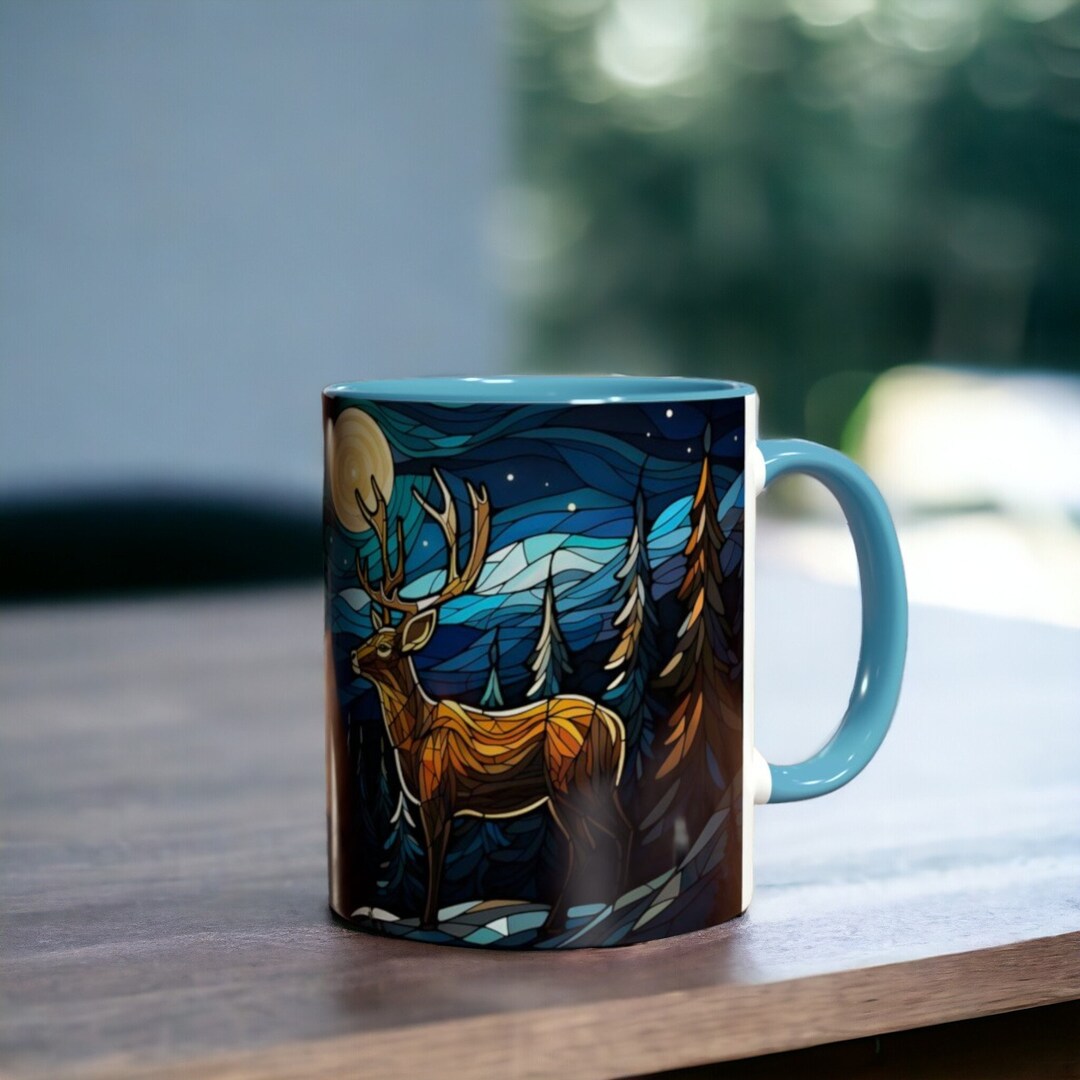 Stained Glass Deer Mug, 11oz Ceramic Snowy Forest Mug, Night Sky Coffee ...