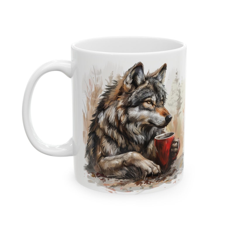 Wolf Coffee Mug, 11oz Ceramic Wolf Mug, Wolf Drinking Coffee, Wolf ...