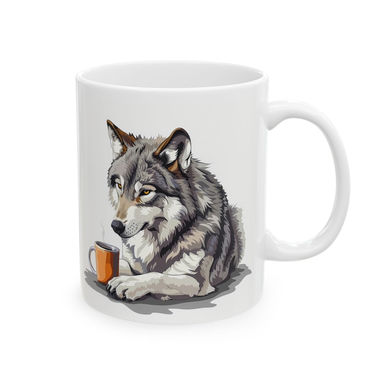 Cute Wolf Coffee Cup, Ceramic Wolf Mug 11oz, Wolf With Coffee Mug, Wolf ...