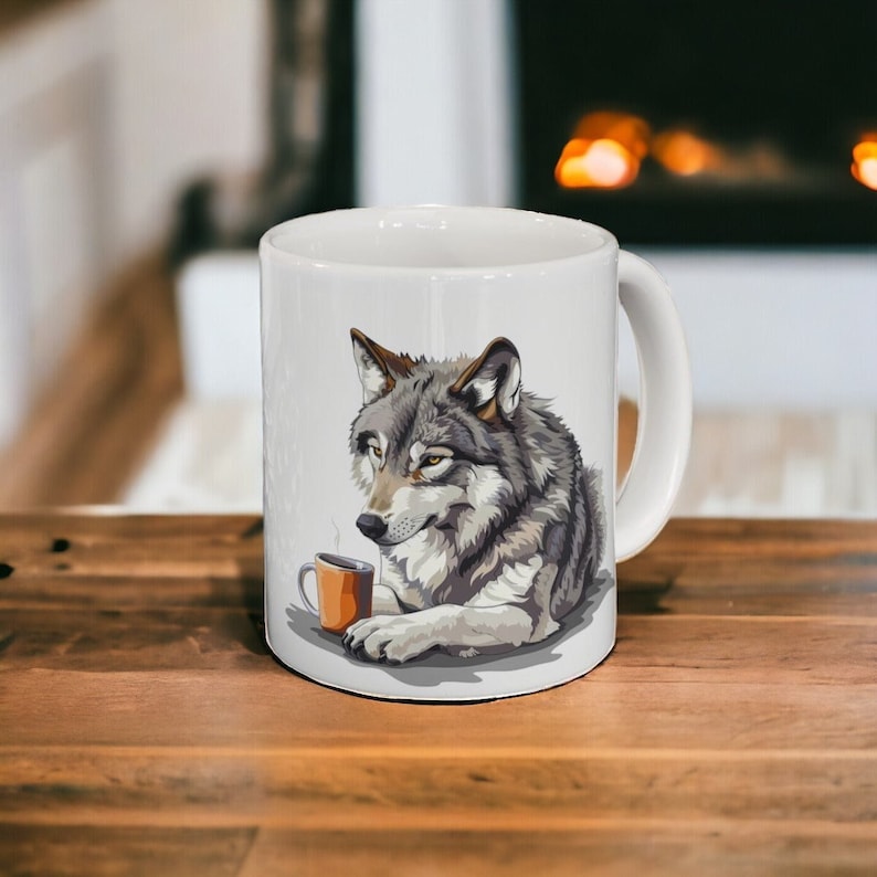 Cute Wolf Coffee Cup, Ceramic Wolf Mug 11oz, Wolf With Coffee Mug, Wolf ...