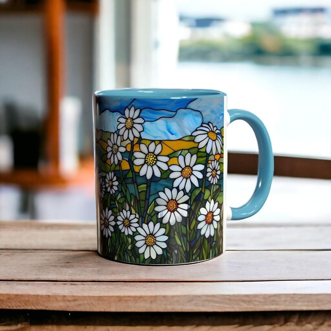 Stained Glass Daisy Mug, Floral Coffee Cup, Botanical Art Mug ...