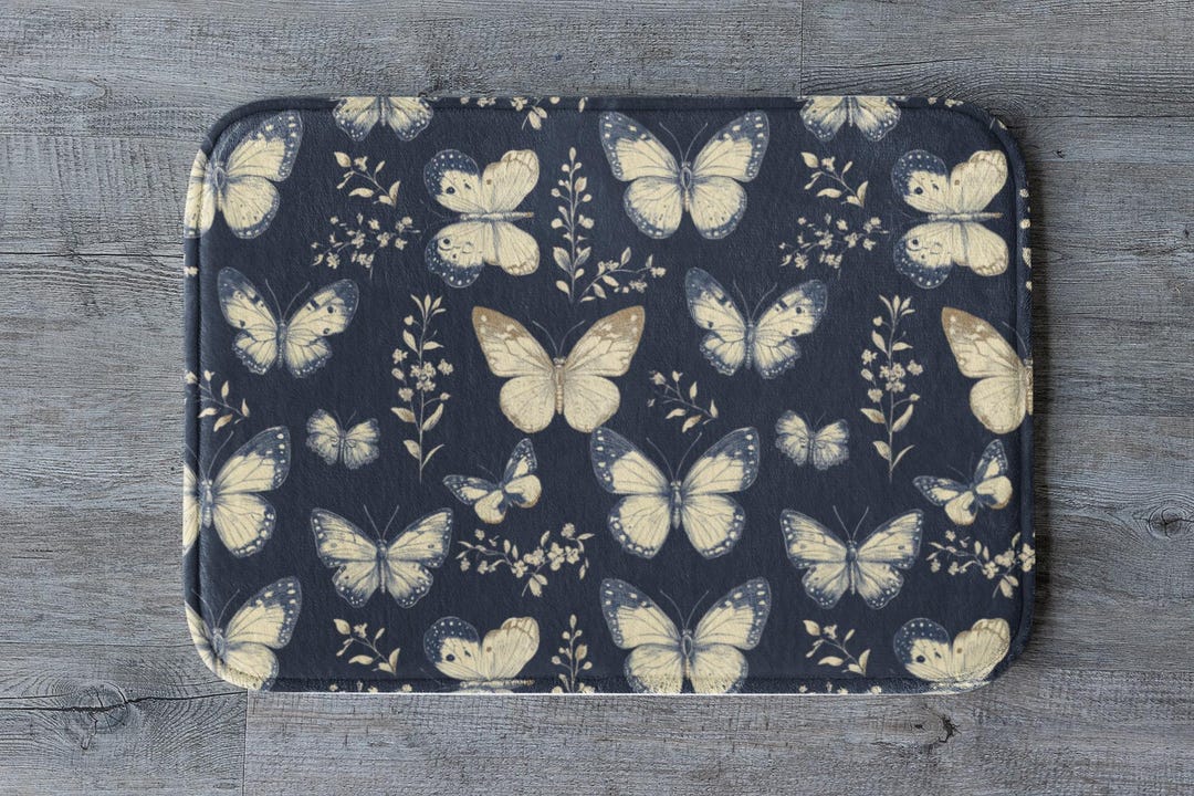 Butterfly Bath Mat, Dark Floral Butterfly Bathroom Rug, Elegant Nature ...