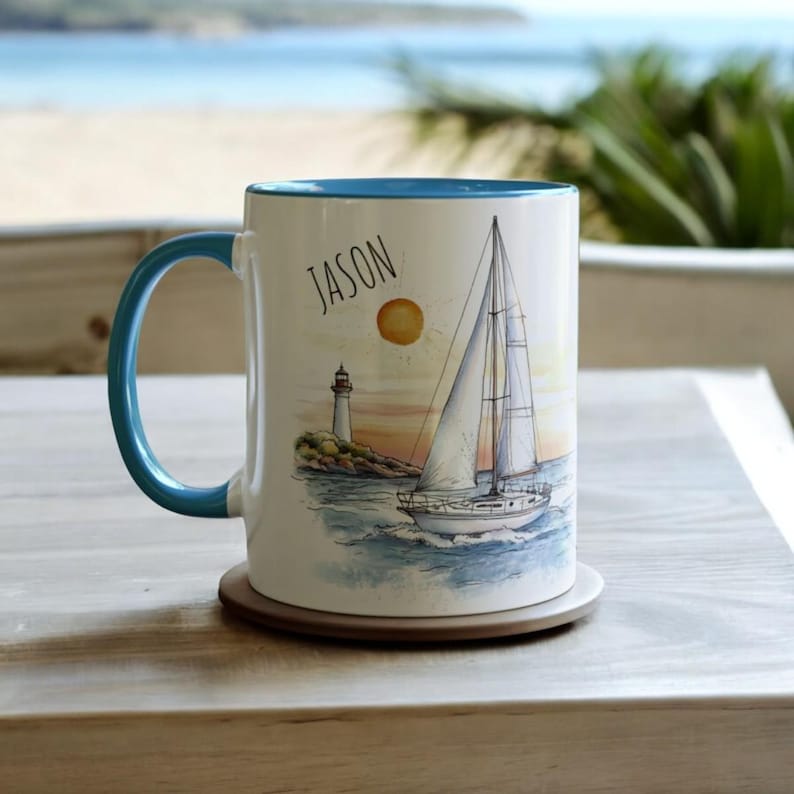Personalized Sailboat Mug, Custom Name Sailing Mug, 11oz Coastal Gift ...