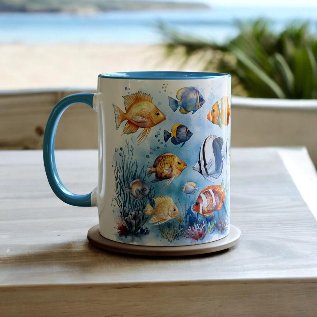 Colorful Fish Ceramic Mug, Watercolor Ocean Themed Coffee Cup, 11oz ...