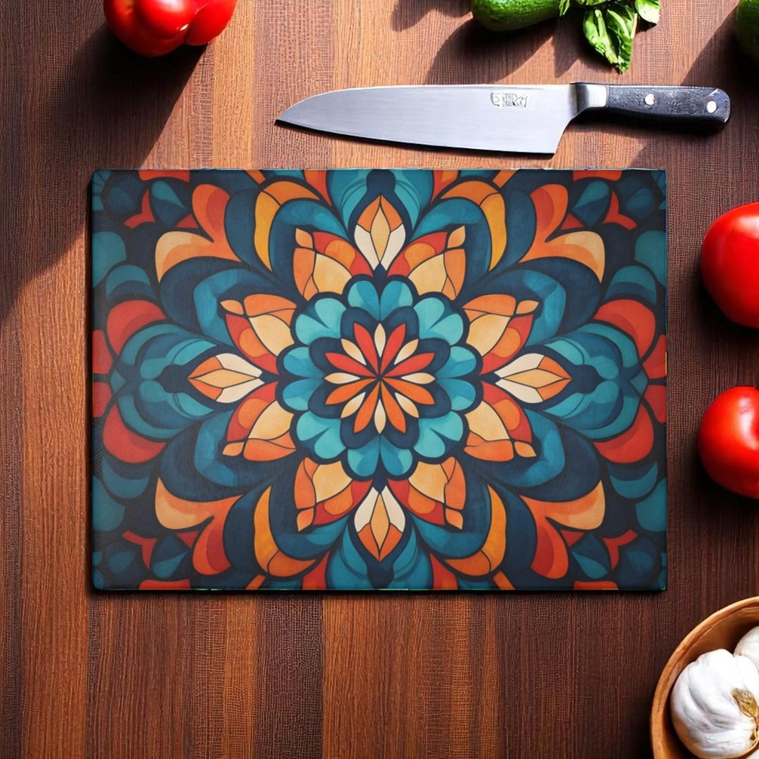Mandala Glass Cutting Board, Boho Kitchen Decor, Colorful Chopping ...
