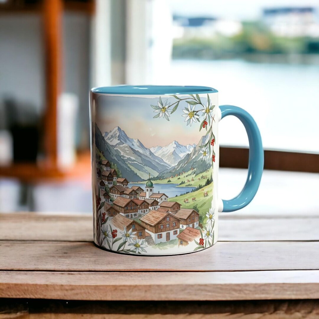 Swiss Alps Mug 11oz, Alpine Village Coffee Cup, Mountain Cabin Art ...
