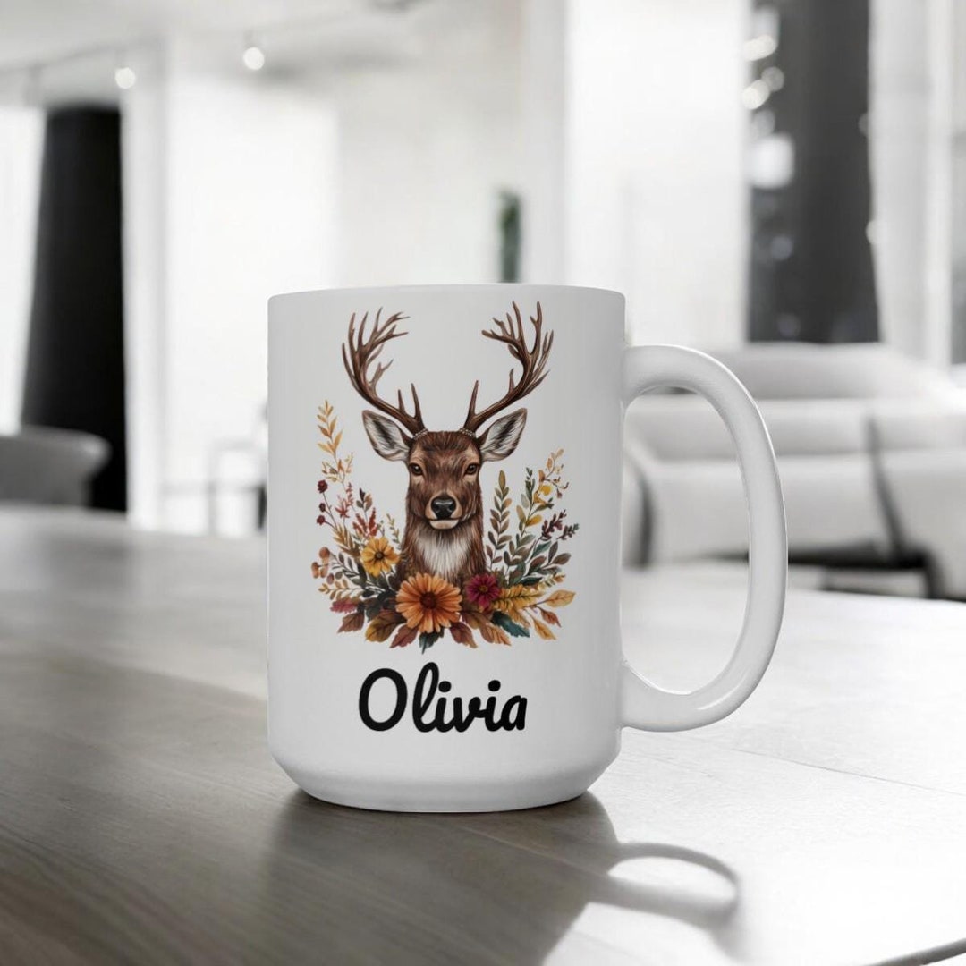 Personalized Deer Mug With Floral Design, 11oz 15oz Custom Name Ceramic ...