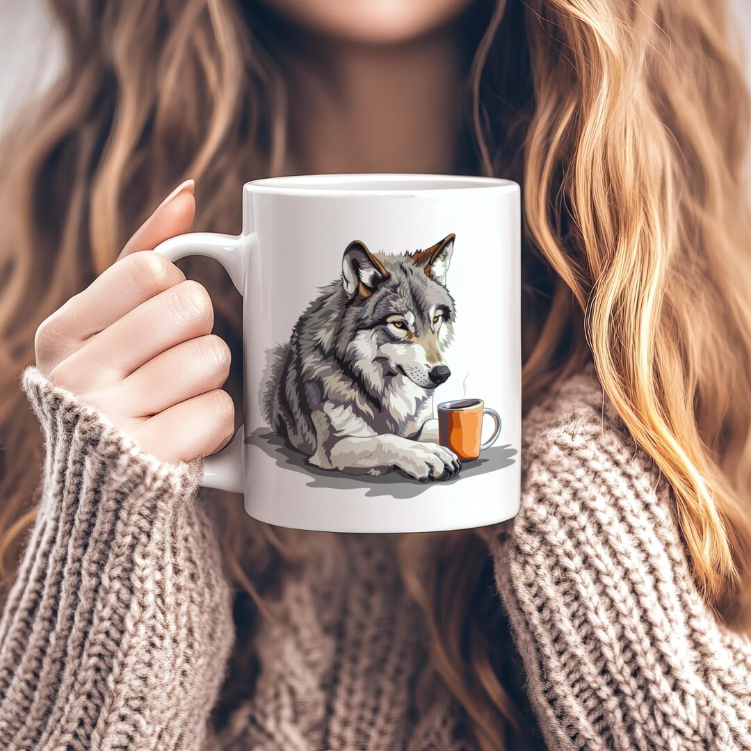 Cute Wolf Coffee Cup, Ceramic Wolf Mug 11oz, Wolf With Coffee Mug, Wolf ...