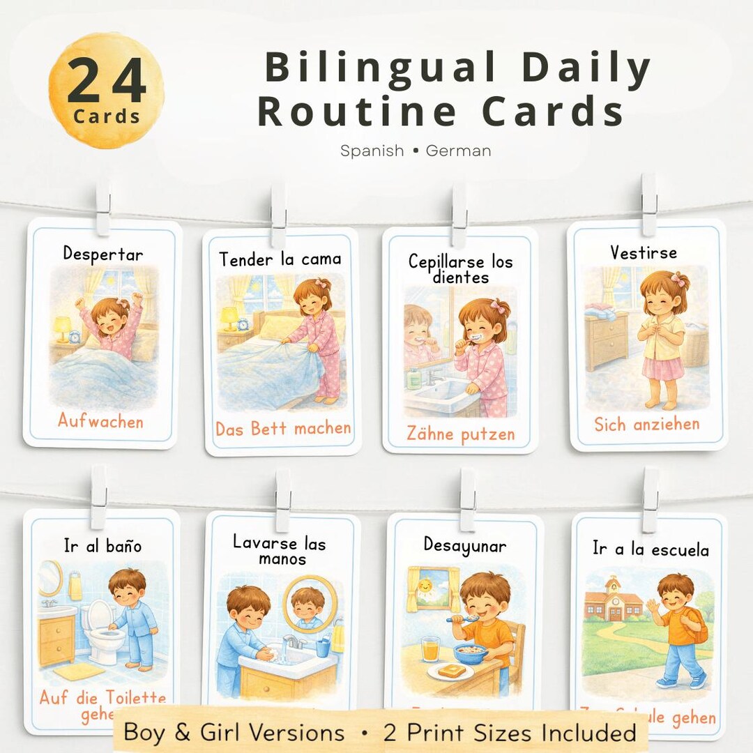 Bilingual Daily Routine Flashcards for Kids | Spanish & German Visual ...