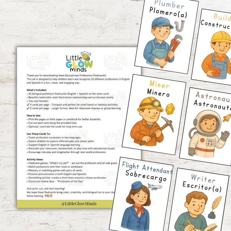 Bilingual Professions Flashcards for Kids | English & Spanish Jobs ...