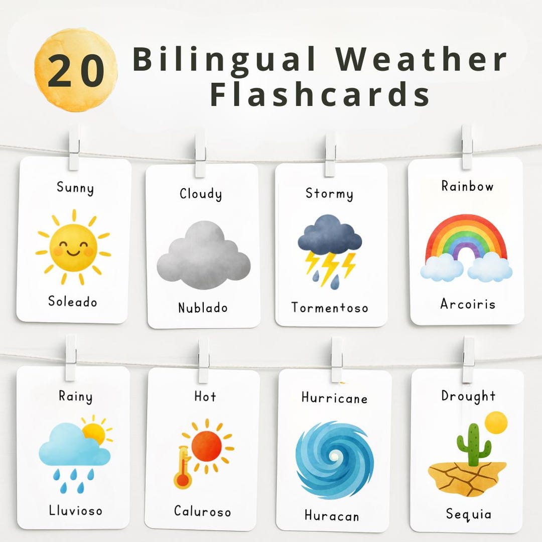 20 Bilingual Weather Flashcards for Kids | Spanish English Weather ...