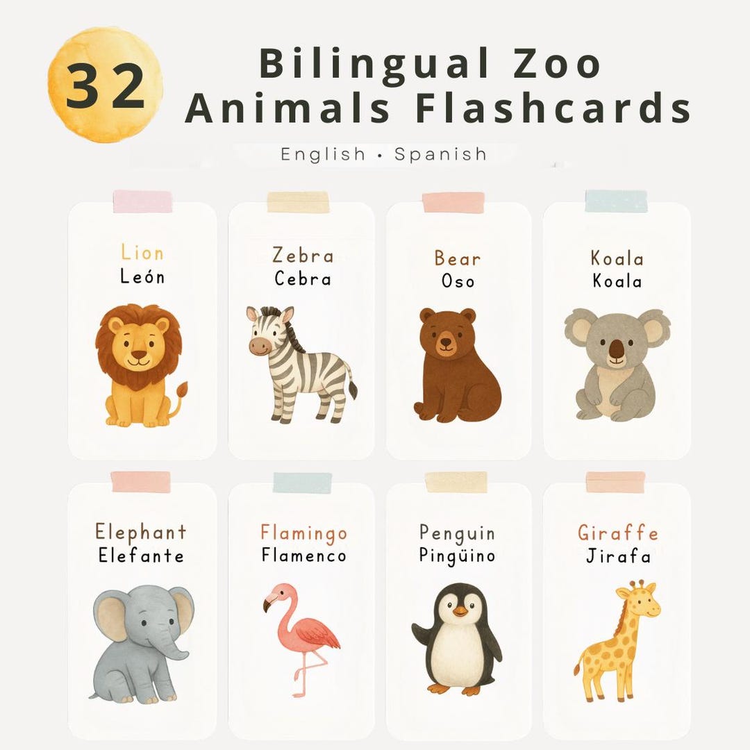 Bilingual Zoo Animals Flashcards | English & Spanish Vocabulary Cards ...