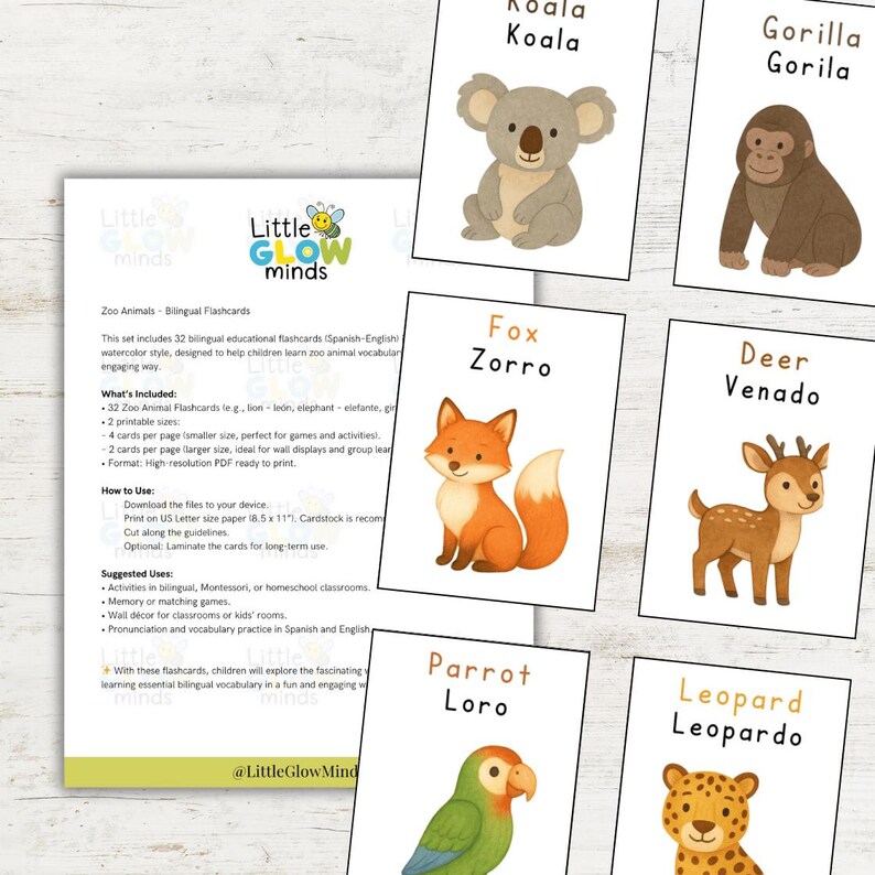 Bilingual Zoo Animals Flashcards | English & Spanish Vocabulary Cards ...