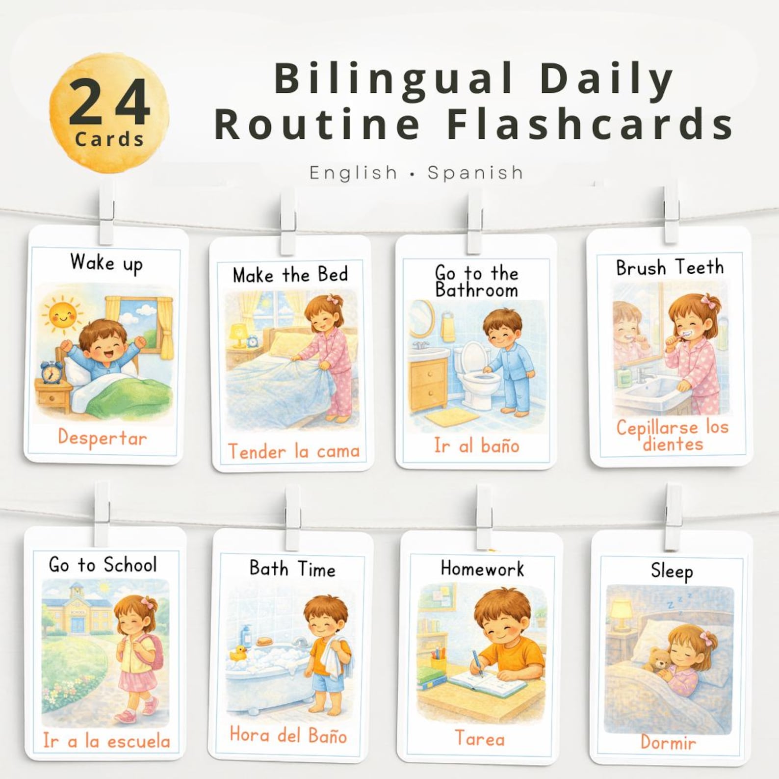 Bilingual Daily Routine Flashcards for Kids | English & Spanish Visual ...