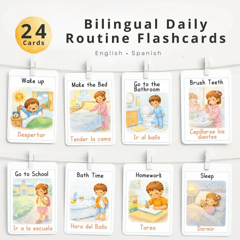 Bilingual Daily Routine Flashcards for Kids | English & Spanish Visual ...