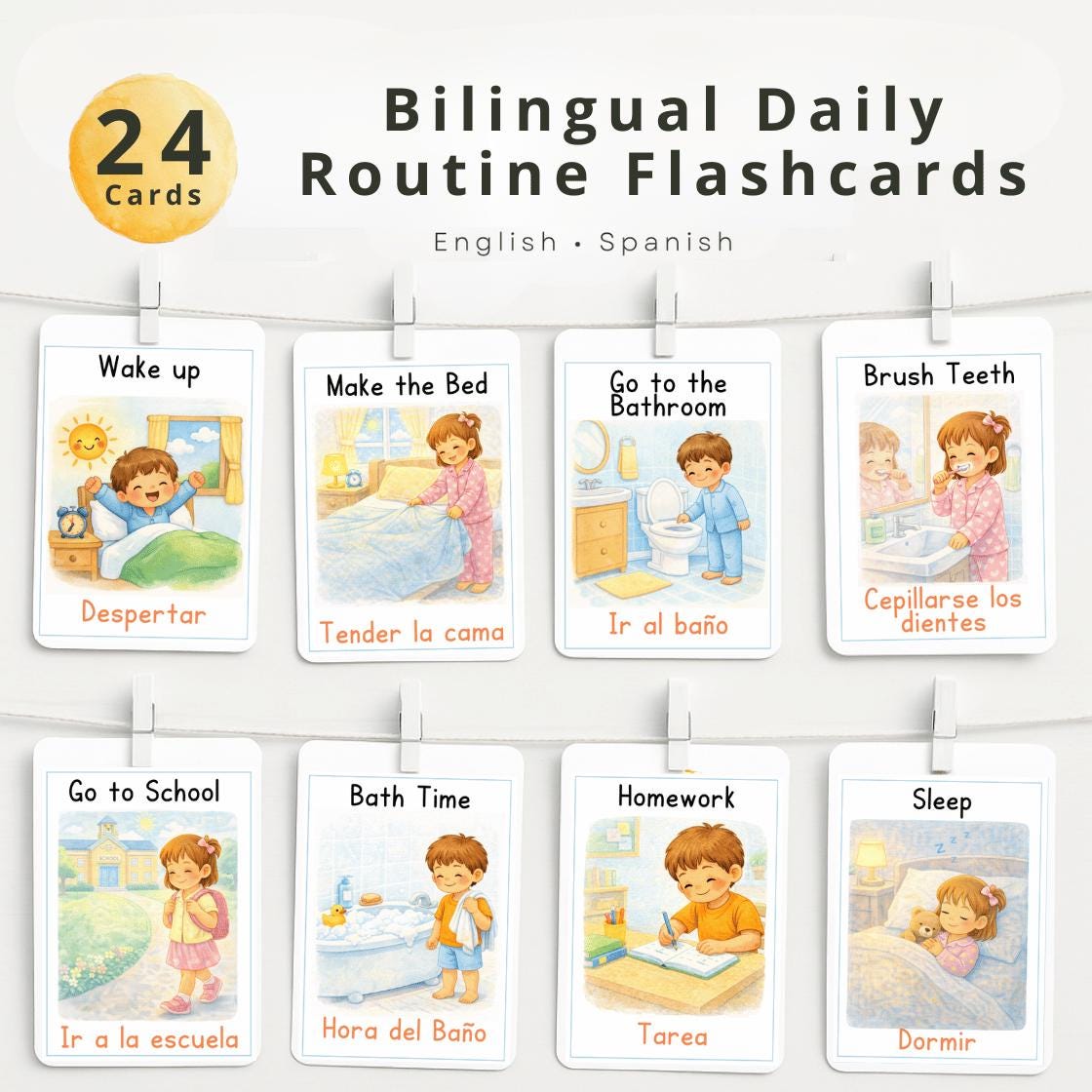 Bilingual Daily Routine Flashcards for Kids | English & Spanish Visual ...