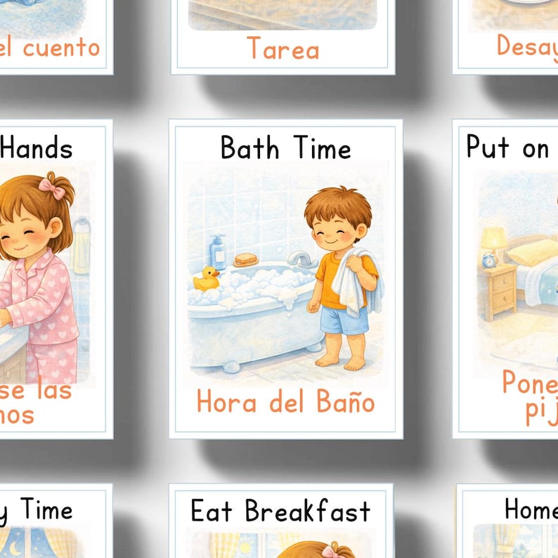 Bilingual Daily Routine Flashcards for Kids | English & Spanish Visual ...