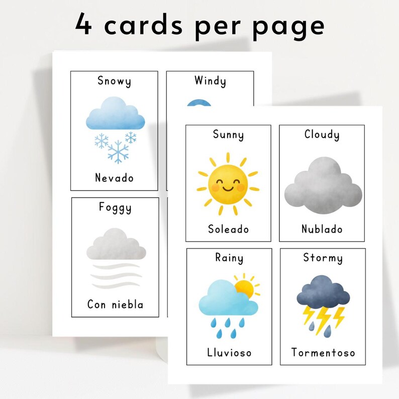 20 Bilingual Weather Flashcards for Kids | Spanish English Weather ...