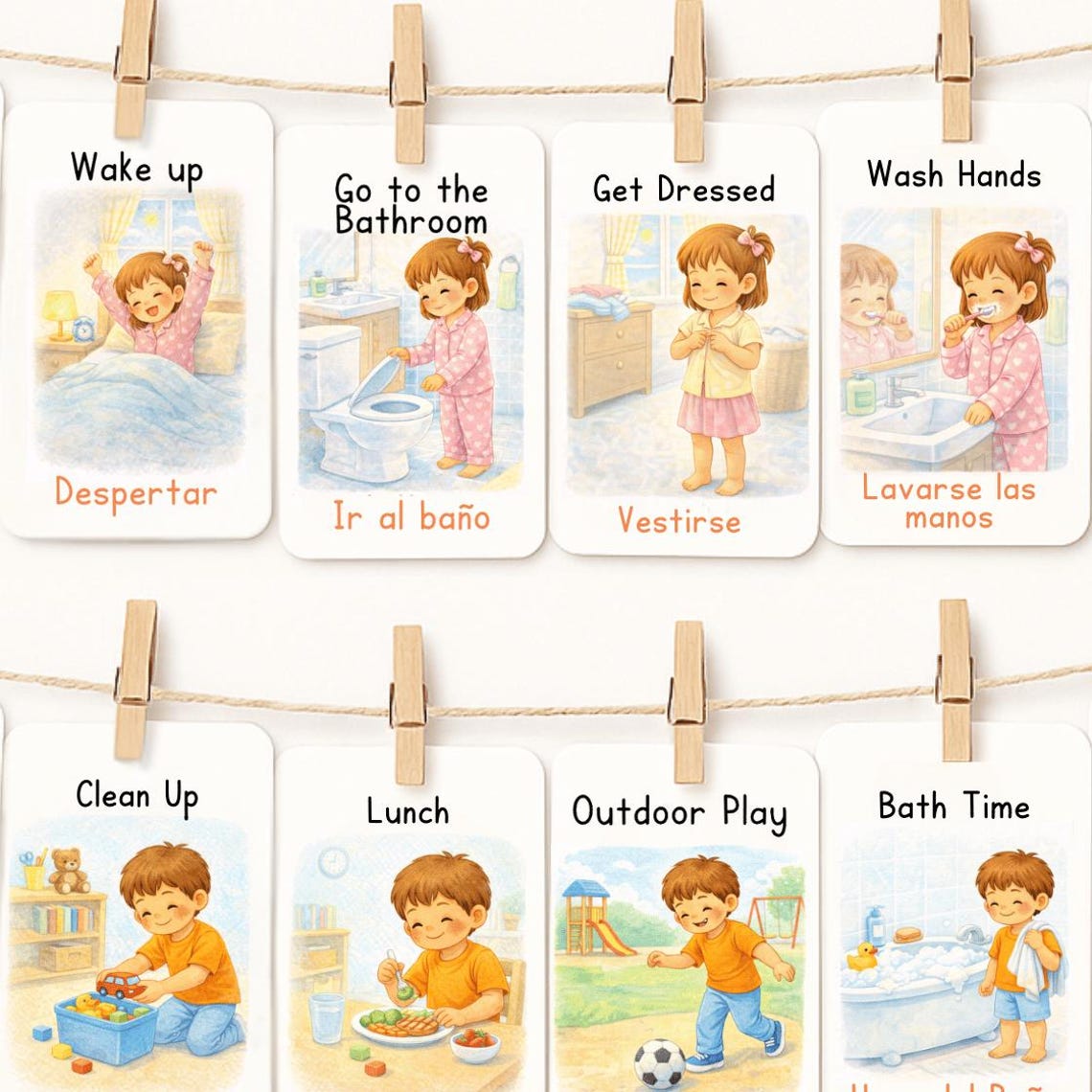 Bilingual Daily Routine Flashcards for Kids | English & Spanish Visual ...