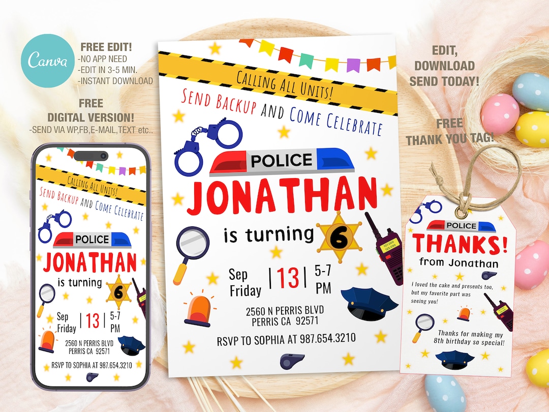 Editable Police Birthday Invitation Template, Printable Birthday Party ...