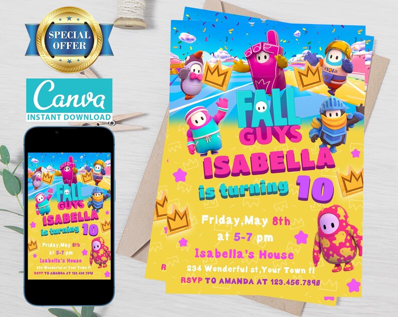 Plantilla editable de invitación de cumpleaños de Fall Guys - Etsy México