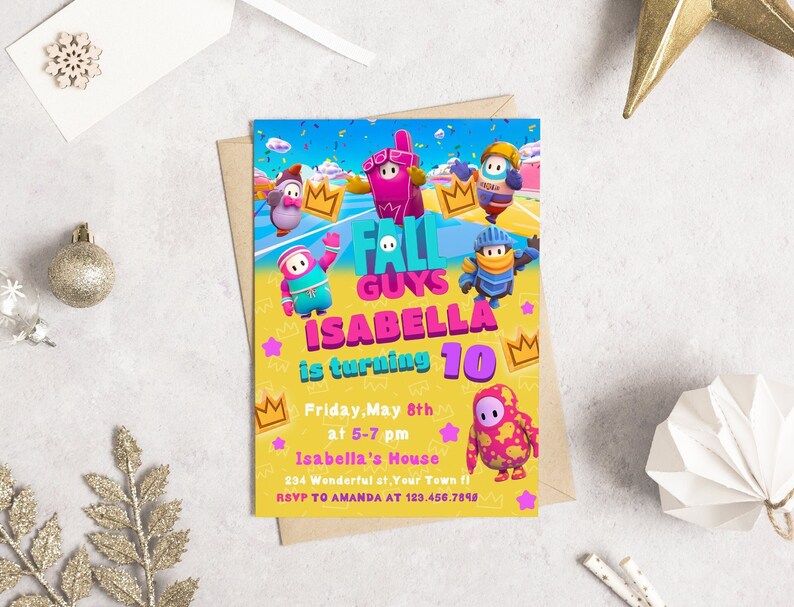 Plantilla editable de invitación de cumpleaños de Fall Guys - Etsy México