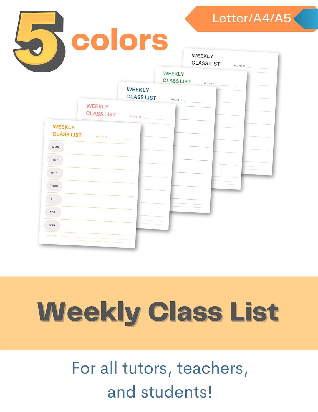Planificador y lista semanal de clases Ultimate Tutor/Teacher 5 COLORES ...
