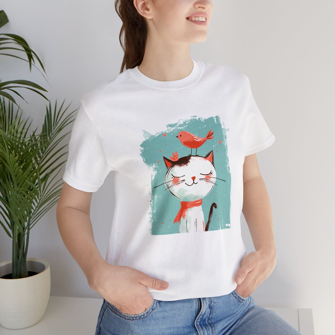 Whisker Wonders: Adorable Cat & Bird Art Tee by Catsky Designs - Etsy