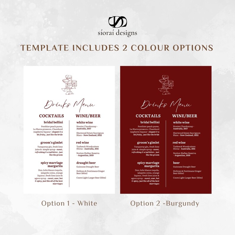BURGUNDY Drinks Menu Template, Wedding/event Drinks Menu Printable ...