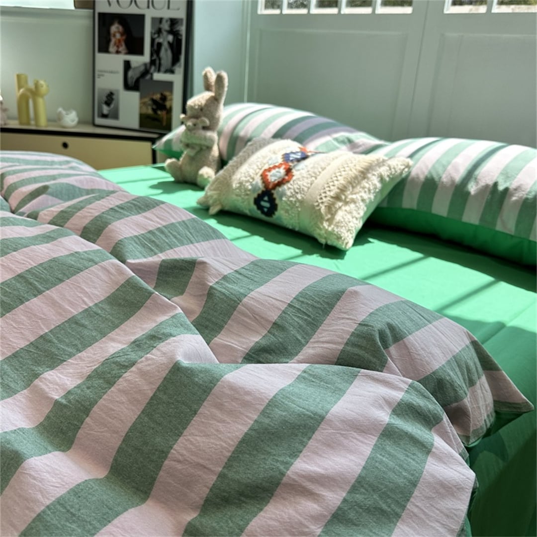 Green Striped Duvet Cover Set 100% Cotton Quilt Cover 2 Pillow Shams 1 ...
