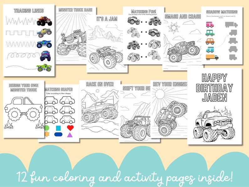 Custom Monster Truck Birthday Party Favor, Personalized Coloring Book ...