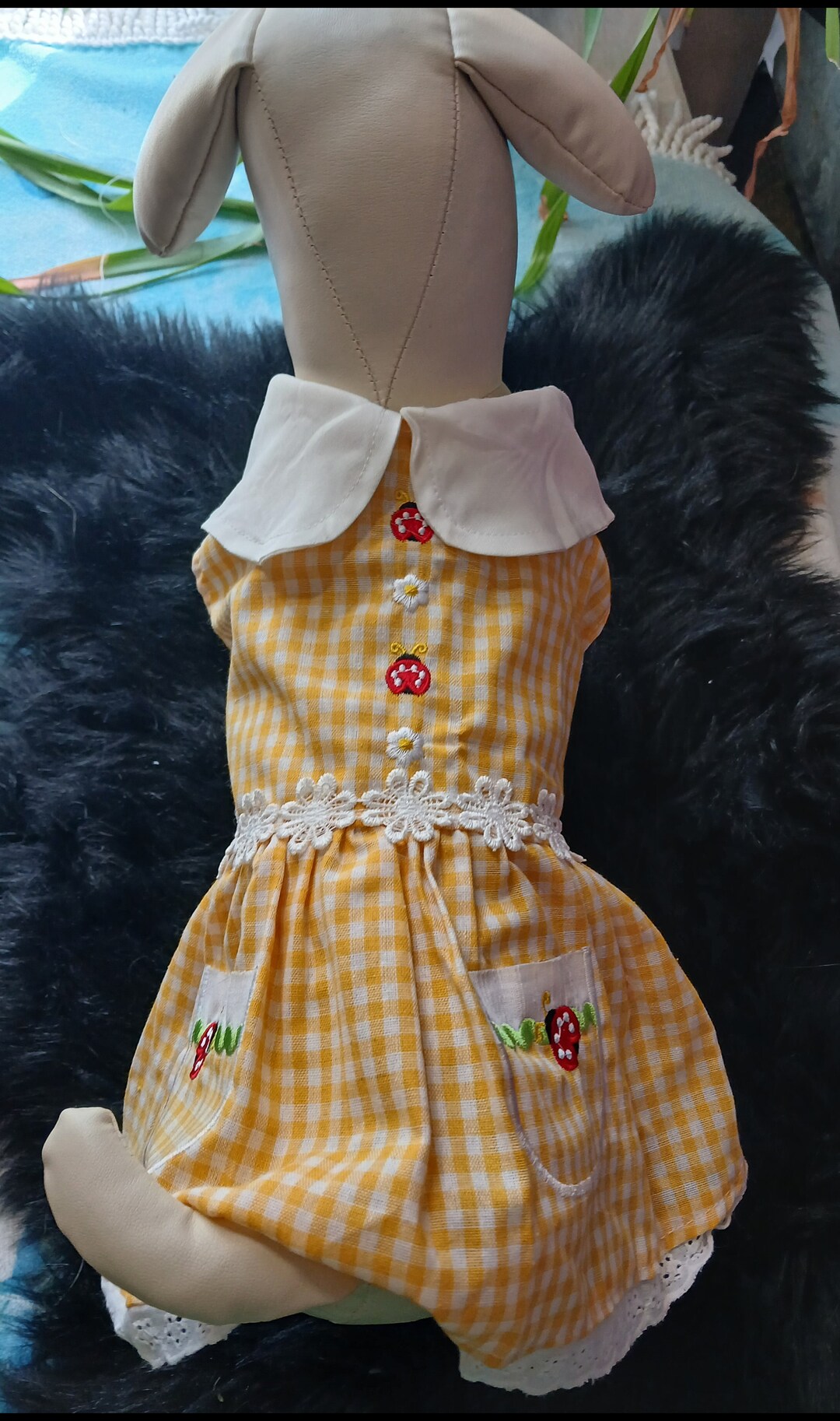 Custom Handmade Fancy Yellow Checkered Dog Dress Ladybug Flower ...