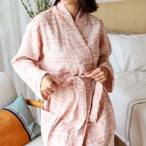 Ethnic Pattern 3-layer Gauze Robe for Womens, Pink Kimono Muslin Bathrobe, Turkish Cotton Luxury ...