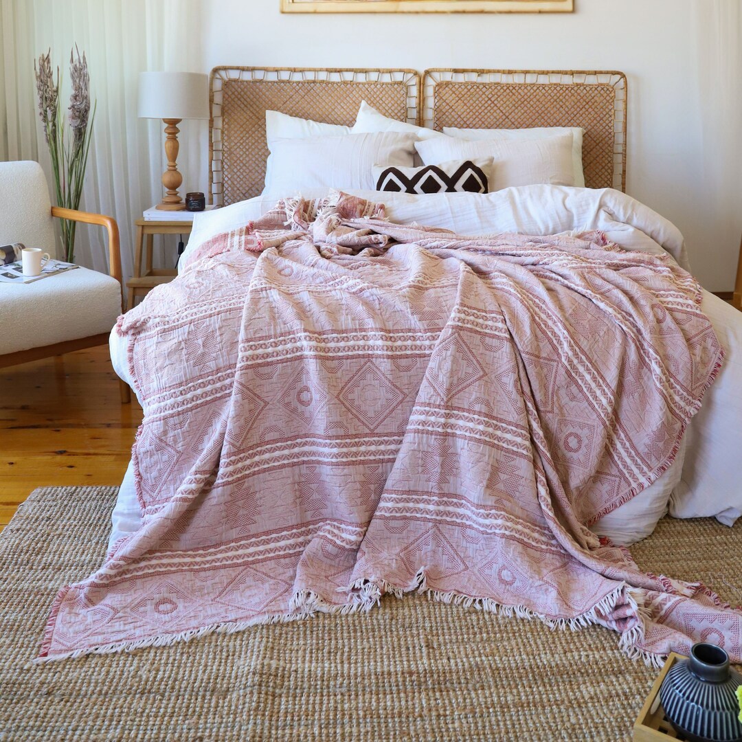 Cozy Turkish Cotton Throw Blanket, Woven Rug Pattern, Farmhouse Decor ...