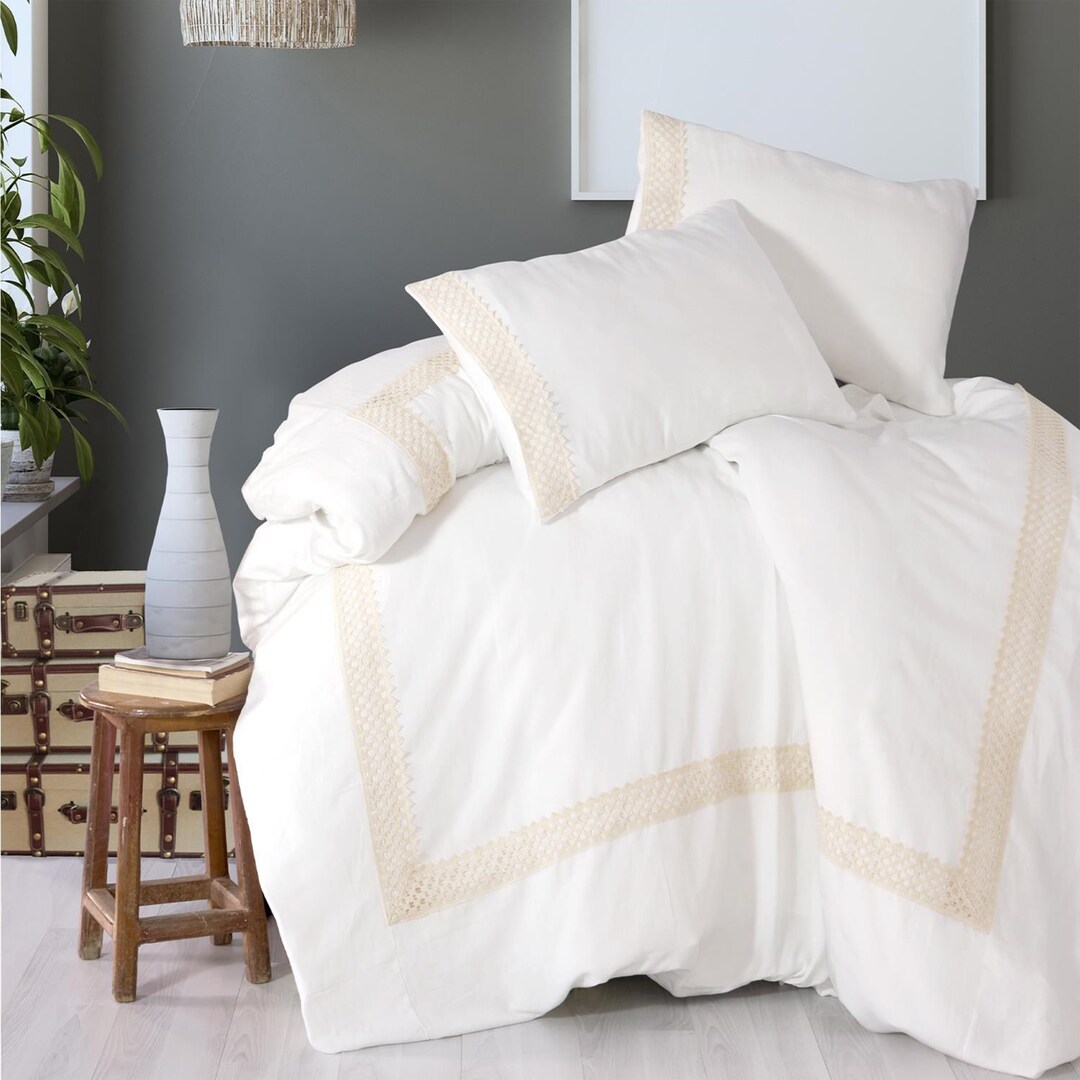 White Cotton Soft Duvet Cover Set, Lace Double Natural Bed Linen Set ...