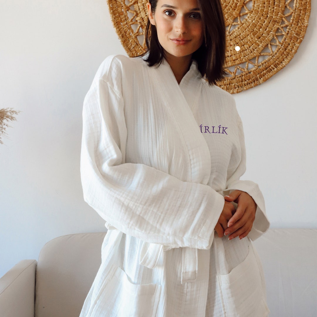 Customizable 4 Layer Muslin Bathrobe, Personalized Natural Gauze Robe ...
