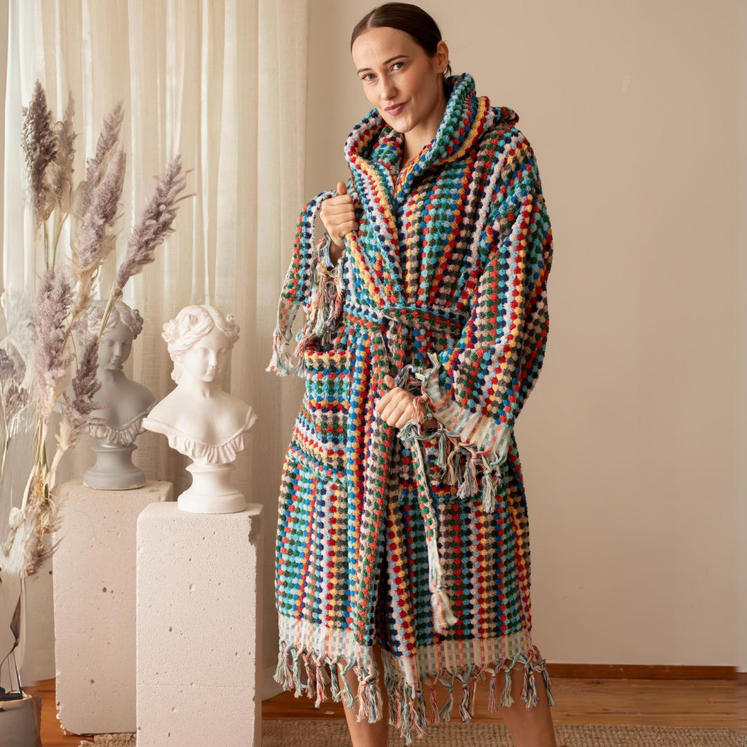 Handwoven Turkish Cotton Bubble Robe, Hooded Spa Bathrobe, Oversized ...