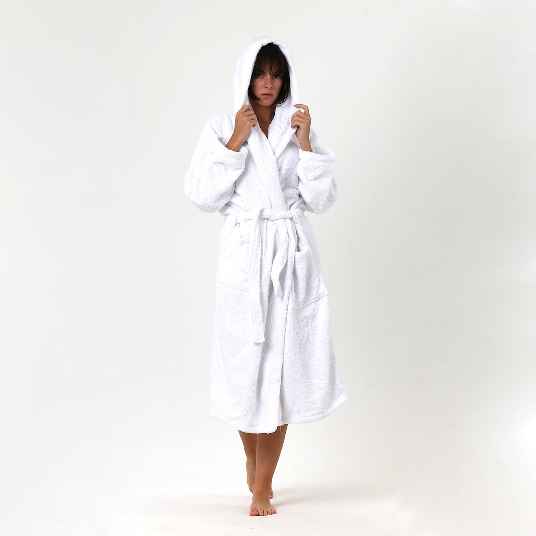 Luxurious Terry Cotton Kimono Bathrobe, Soft Unisex Hooded Robe for Spa ...