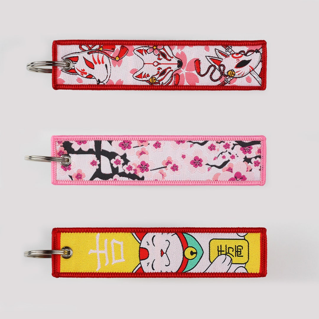 Embroidered Jet Tag / Keychain Sakura Kitsune Wave Japan - Etsy