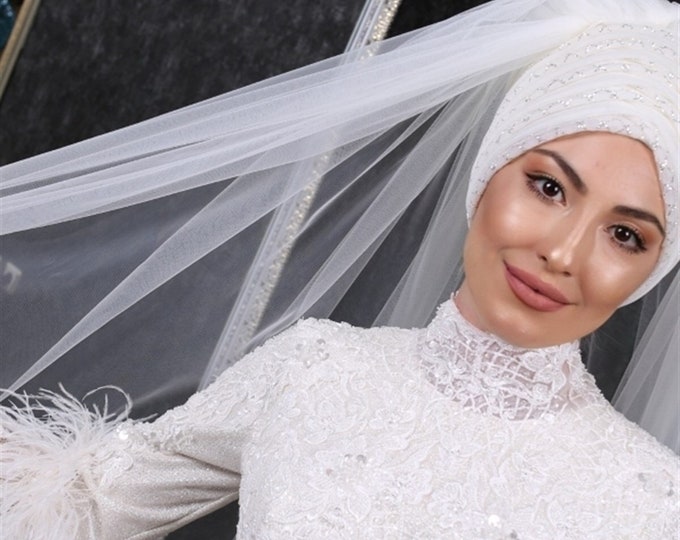 Silvery Front Seven Draped Bridal Hijab Veil, Ready to Wear Turban ...