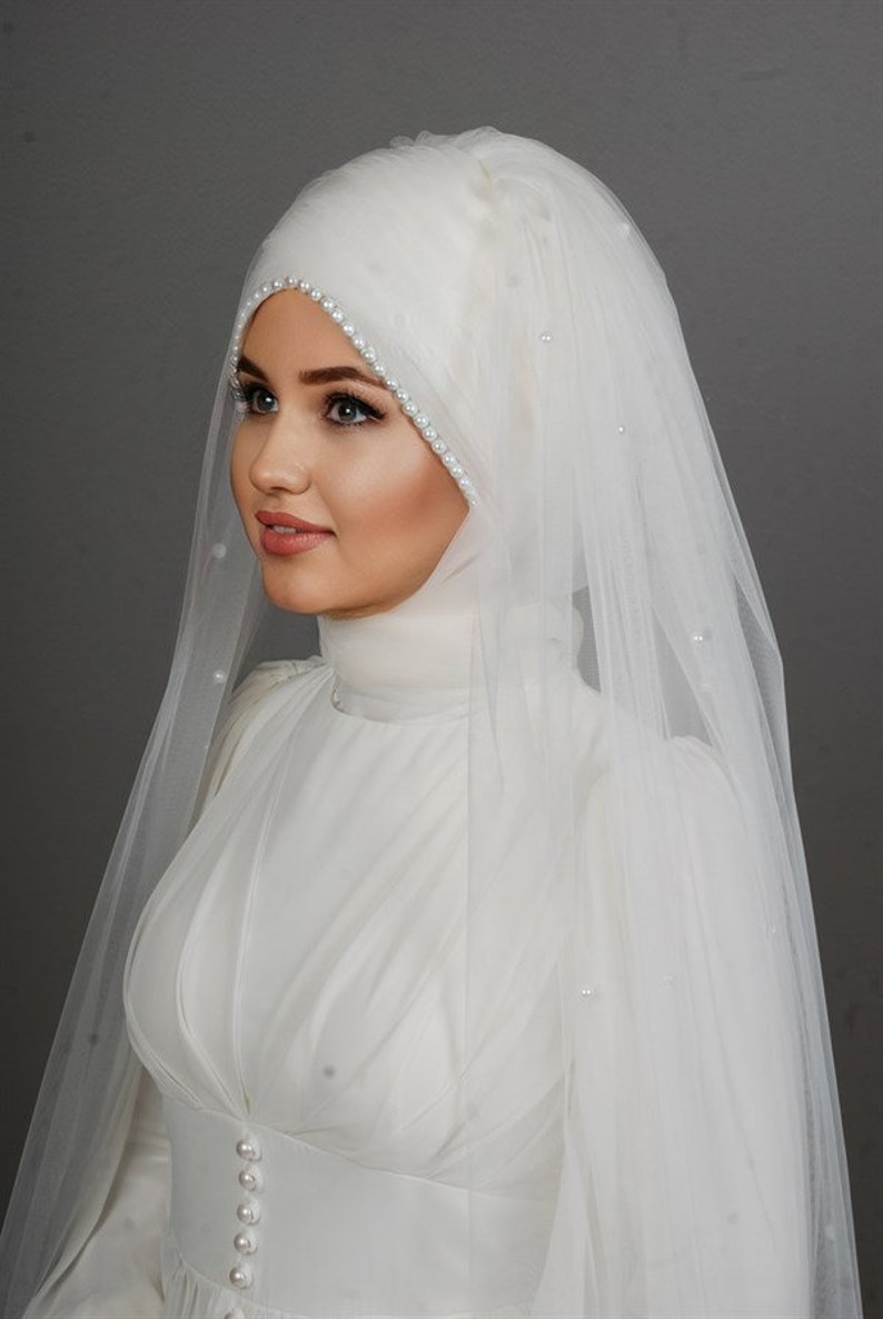 Pearls Bridal Hijab With Veil, Ready to Wear Shawl, Chiffon Made Turban ...