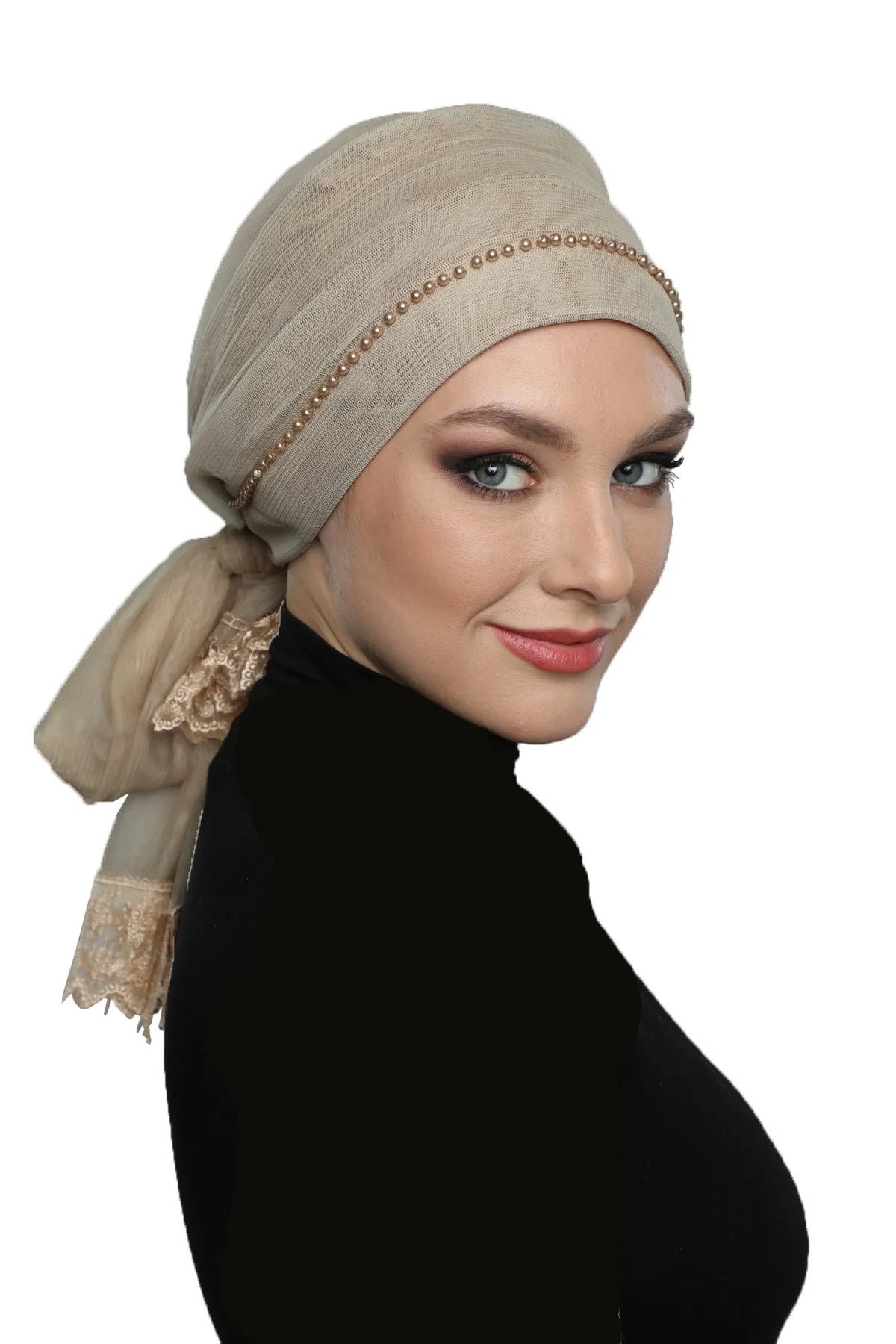Beige Color Hijab Bonnet, Ready to Wear Lace Pearls Detailed Bonnet ...