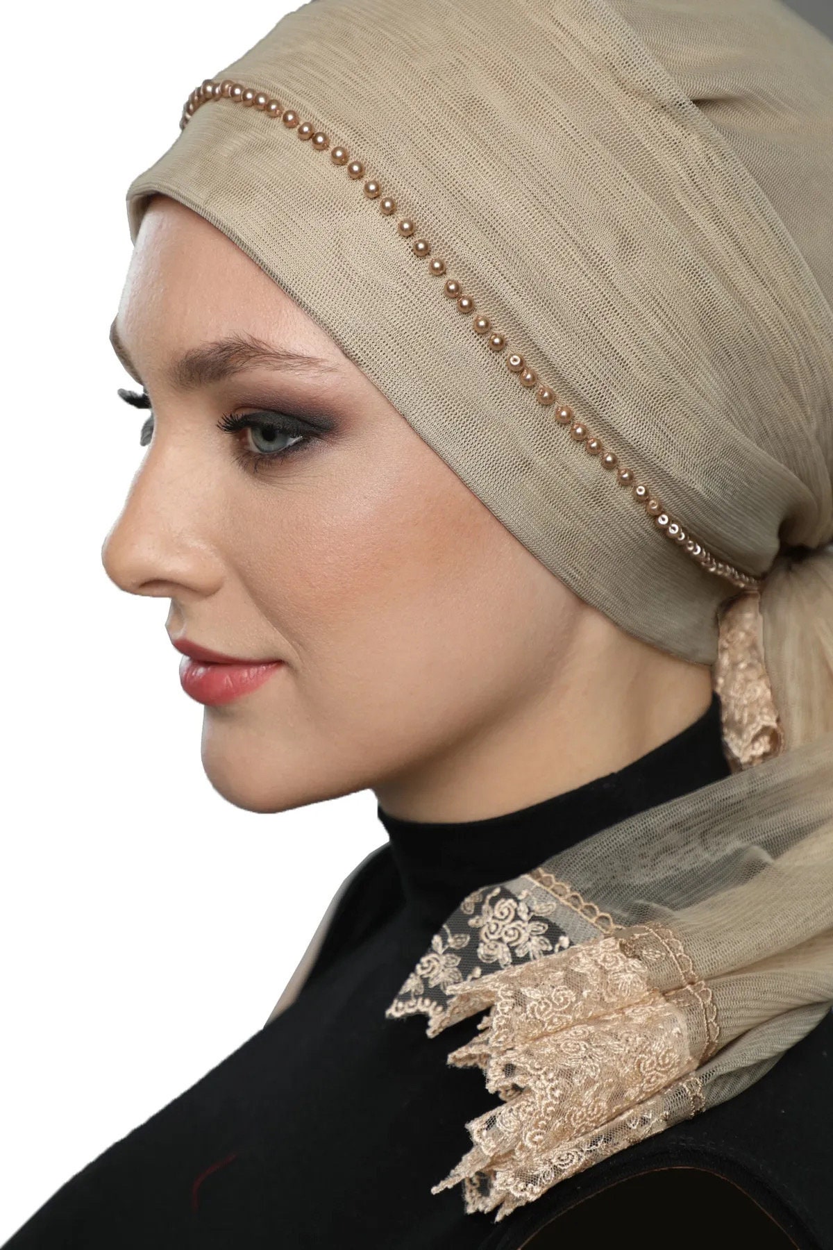 Beige Color Hijab Bonnet Ready to Wear Lace Pearls Detailed - Etsy