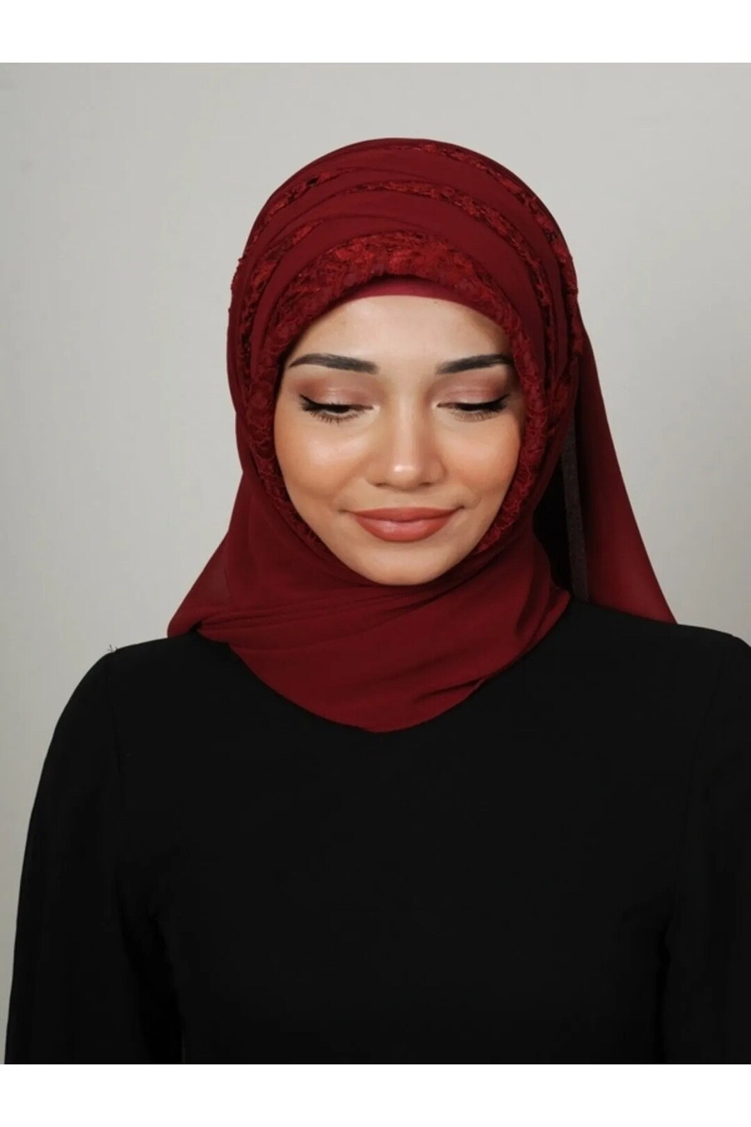 Burgundy Color Lace Drapped With Front Sponge Ready to Wear Hijab ...