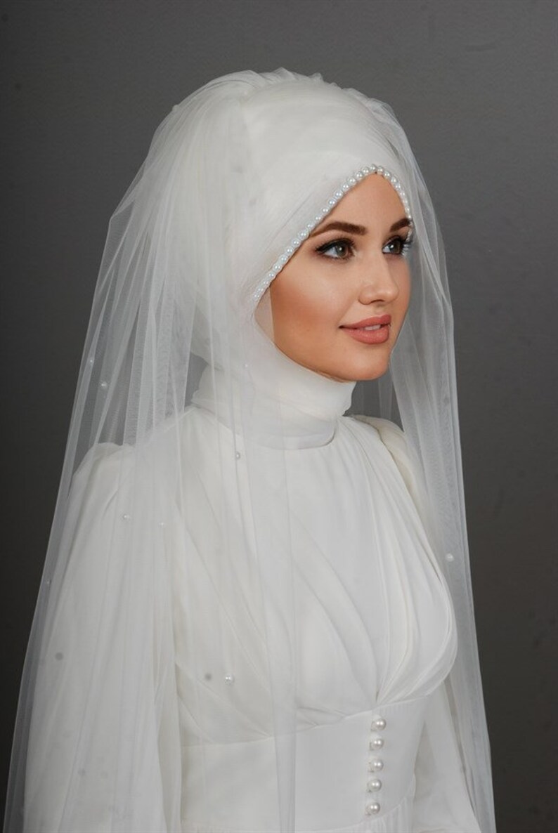 Pearls Bridal Hijab With Veil, Ready to Wear Shawl, Chiffon Made Turban ...
