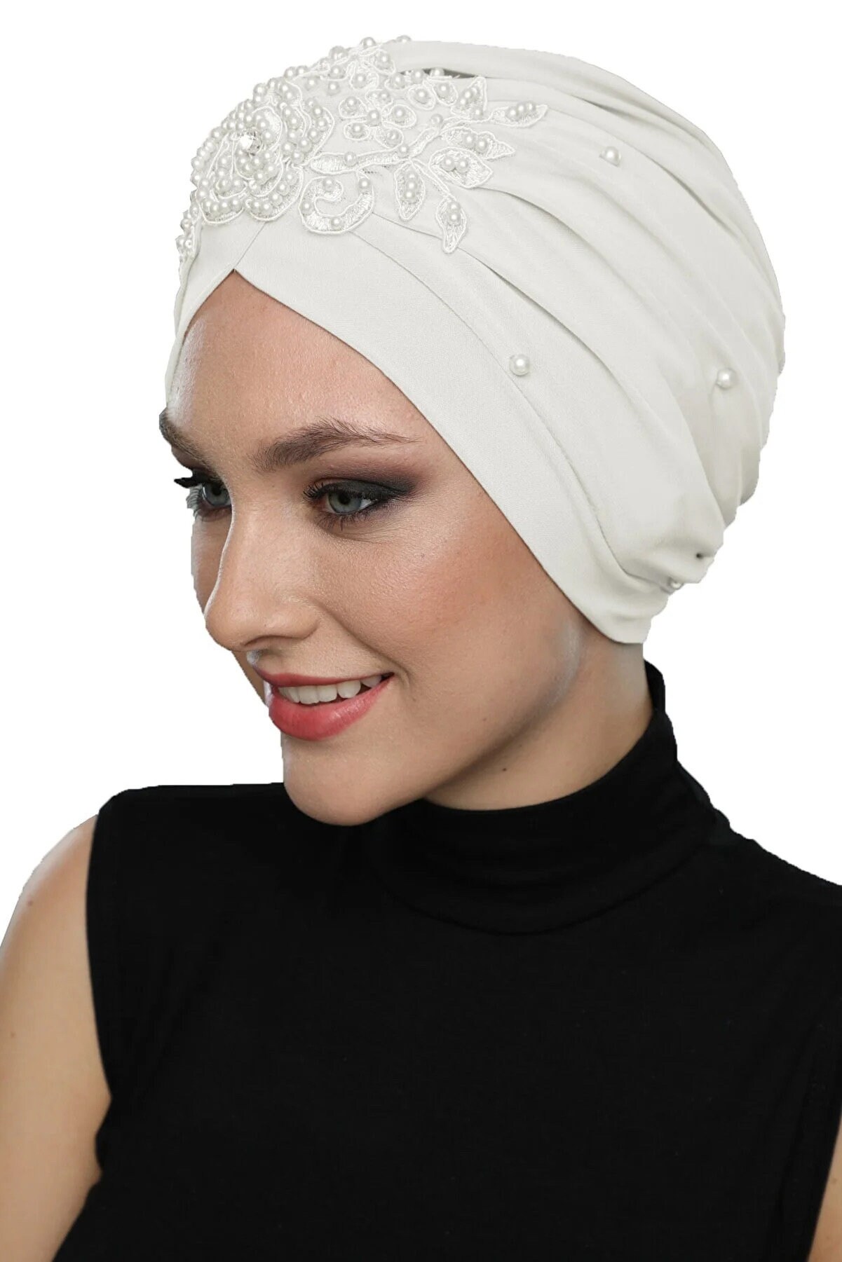 Lined Embroidered Cream Color Rose Motif Ready to Wear Made Hijab ...