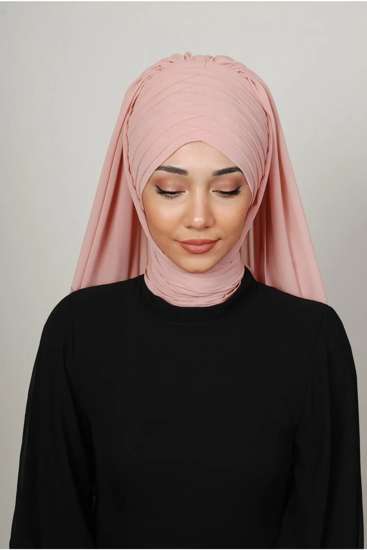 Pink Color Front Seven Draped Instant Hijab With Veil, Ready to Wear ...